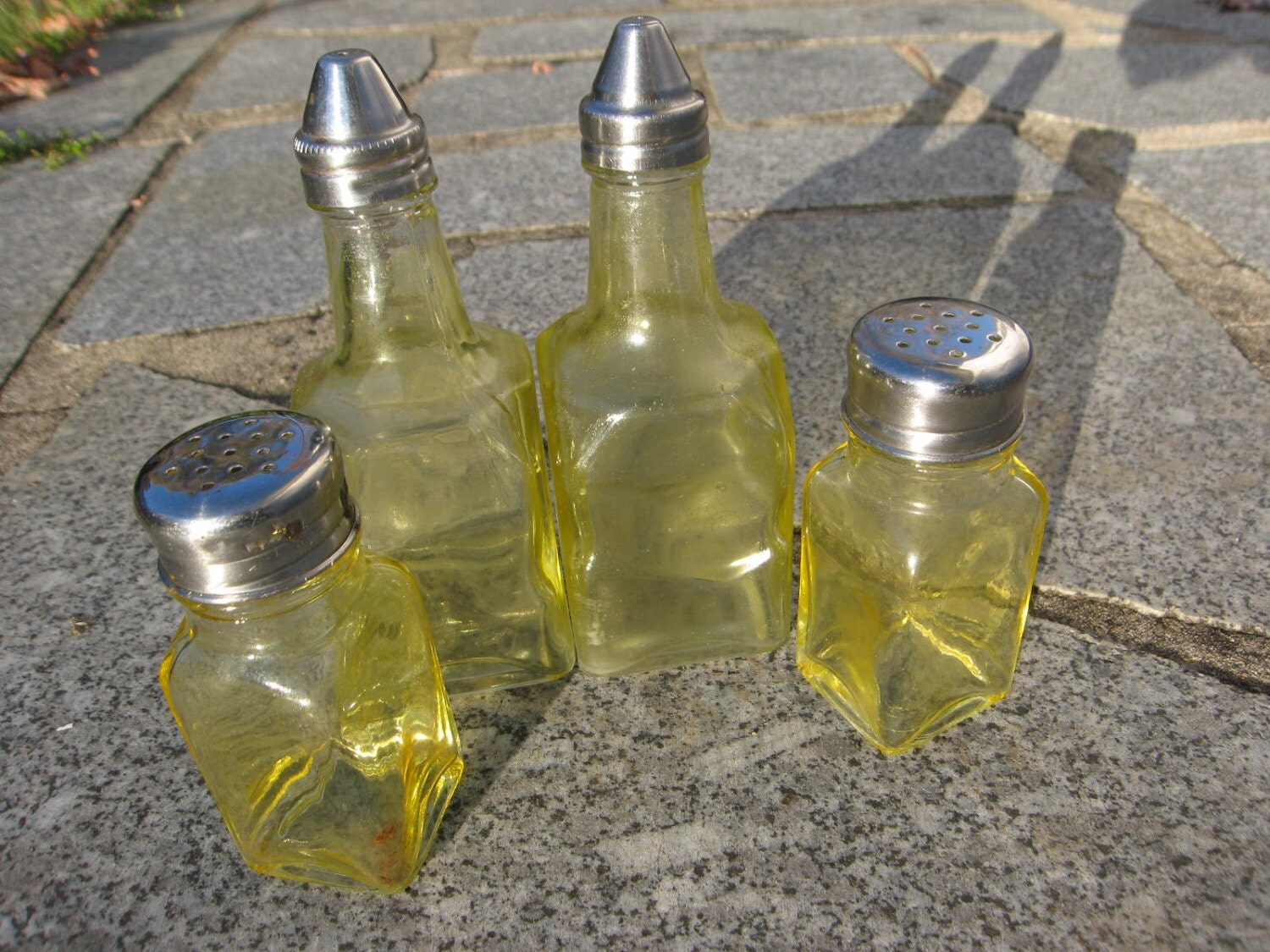 Vintage French, Condiment Set, Glassware with Silver coloured tops ...