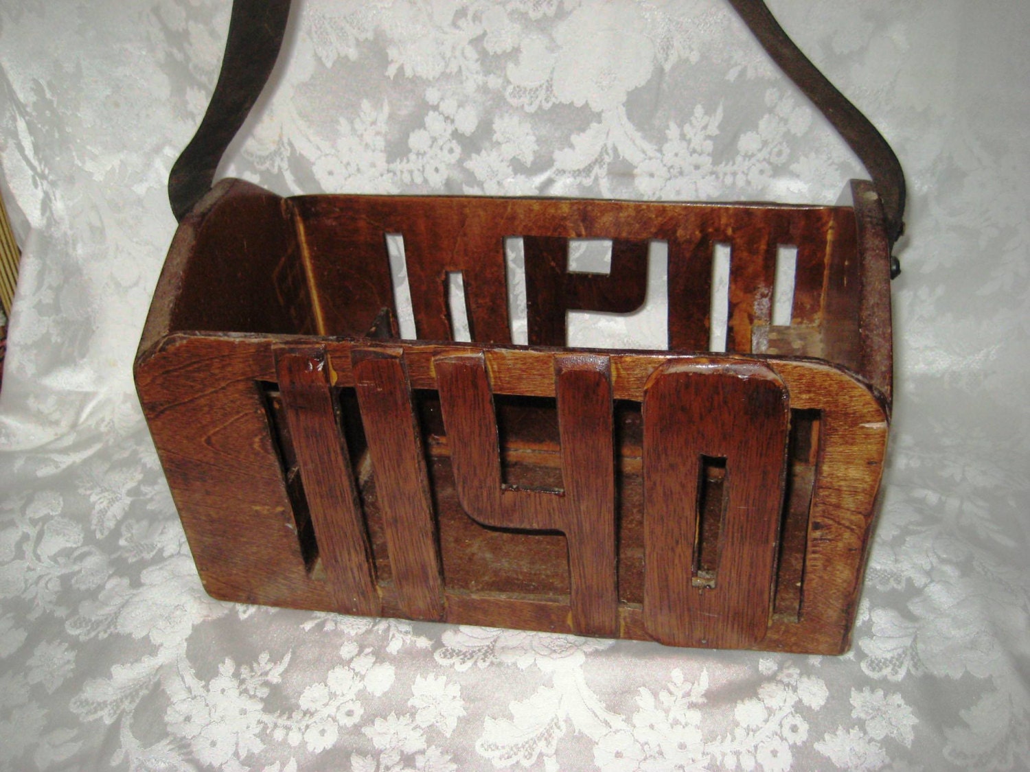 Vintage wood tool box, tool caddy, carrier, leather strap, handmade ...