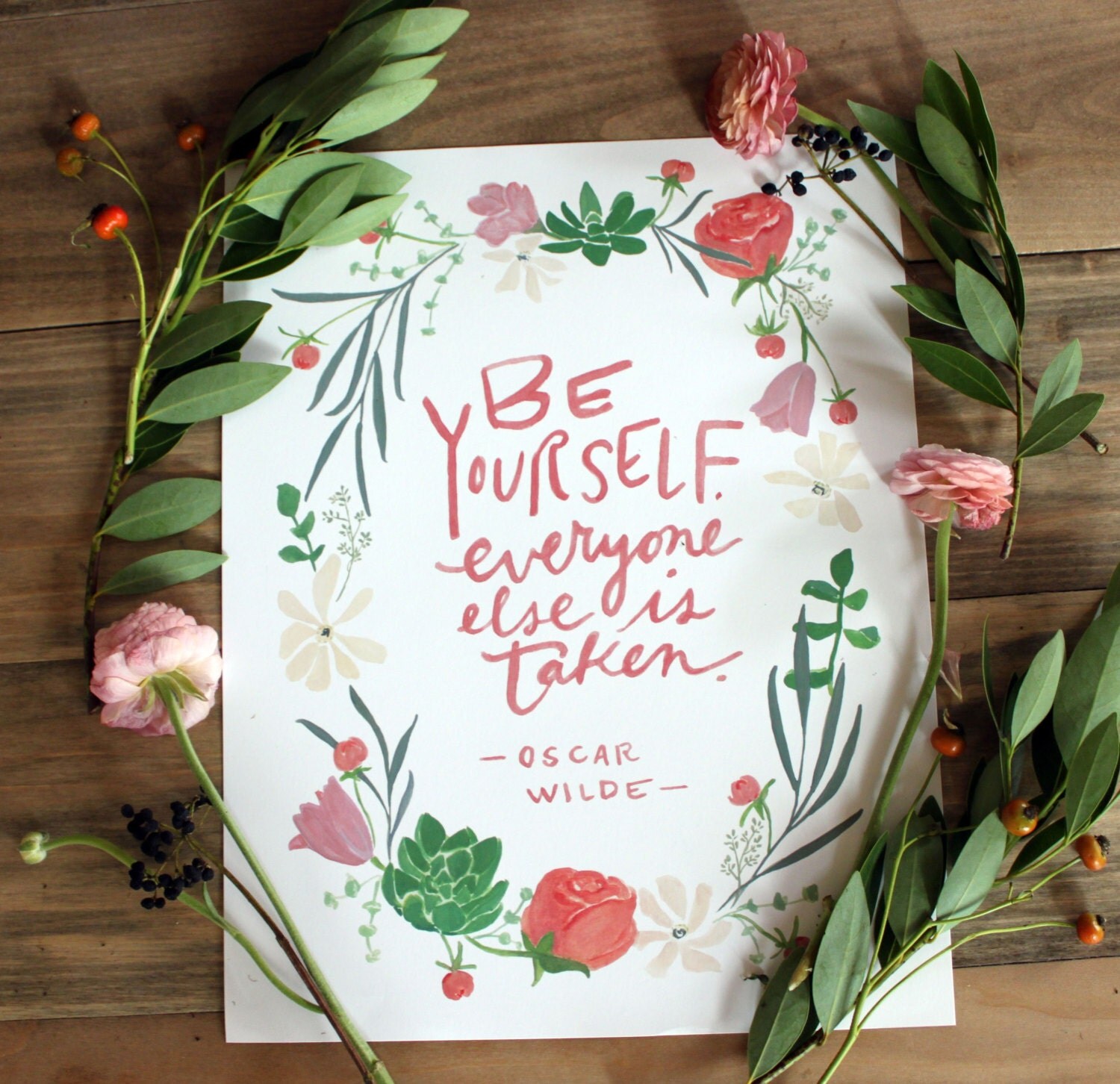 Be Yourself Oscar Wilde quote in floral wreath