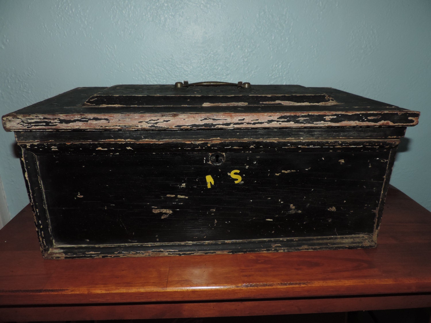 Hinge Topped Wooden Box – Black Painted Box – Distressed Wooden Storage ...