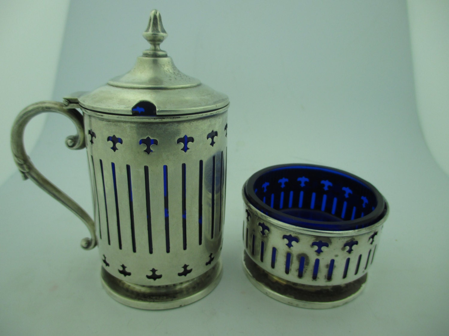 Vintage Pierced Sterling Silver Cobalt Blue Salt Cellar & Condiment ...