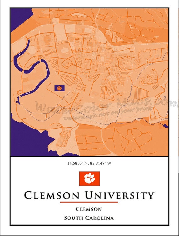 CLEMSON UNIVERSITY Street Map Hand Painted Maps by WaterColorMaps