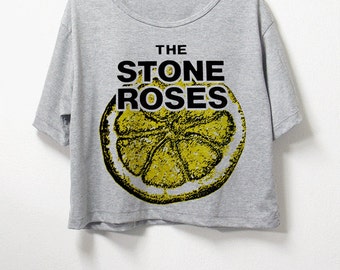 The stone roses,crop top, grey color, women crop shirt, screenprint ...
