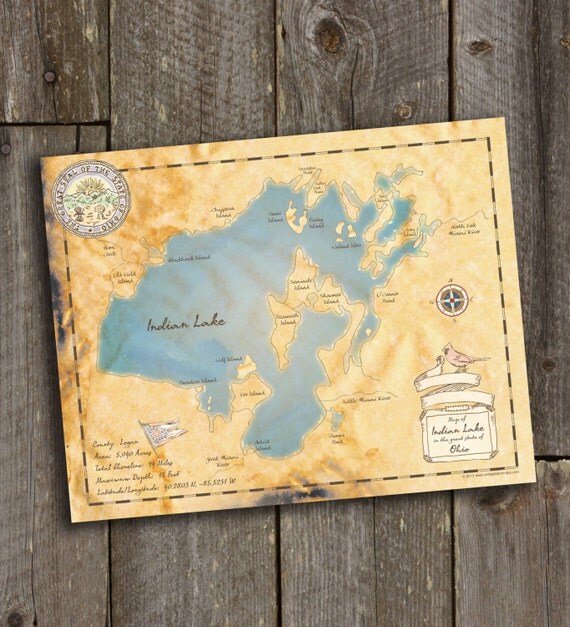 Indian Lake Ohio Vintage Inspired Lake Map Print. Handmade