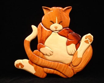 Hand Carved Wood Art Intarsia KITTY CAT Sign / Wall Plaque Home Decor
