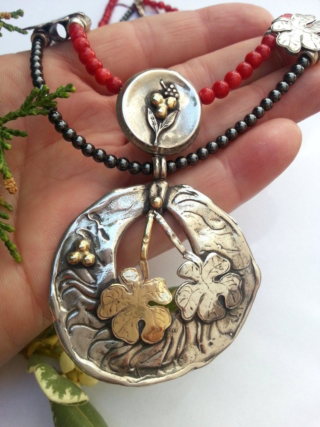 Fig leaves necklace silver and gold. with Coral and Hematite