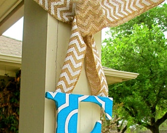 10" Blue Fabric Letter with Burlap/White Chevron Ribbon, Ribboned ...