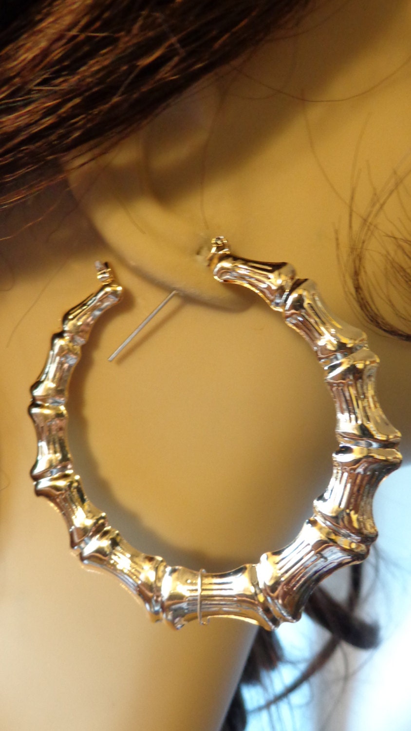 VINTAGE 80’s BAMBOO HOOP earrings Gold Tone Hoop Earrings 2.5 inch Hoop ...