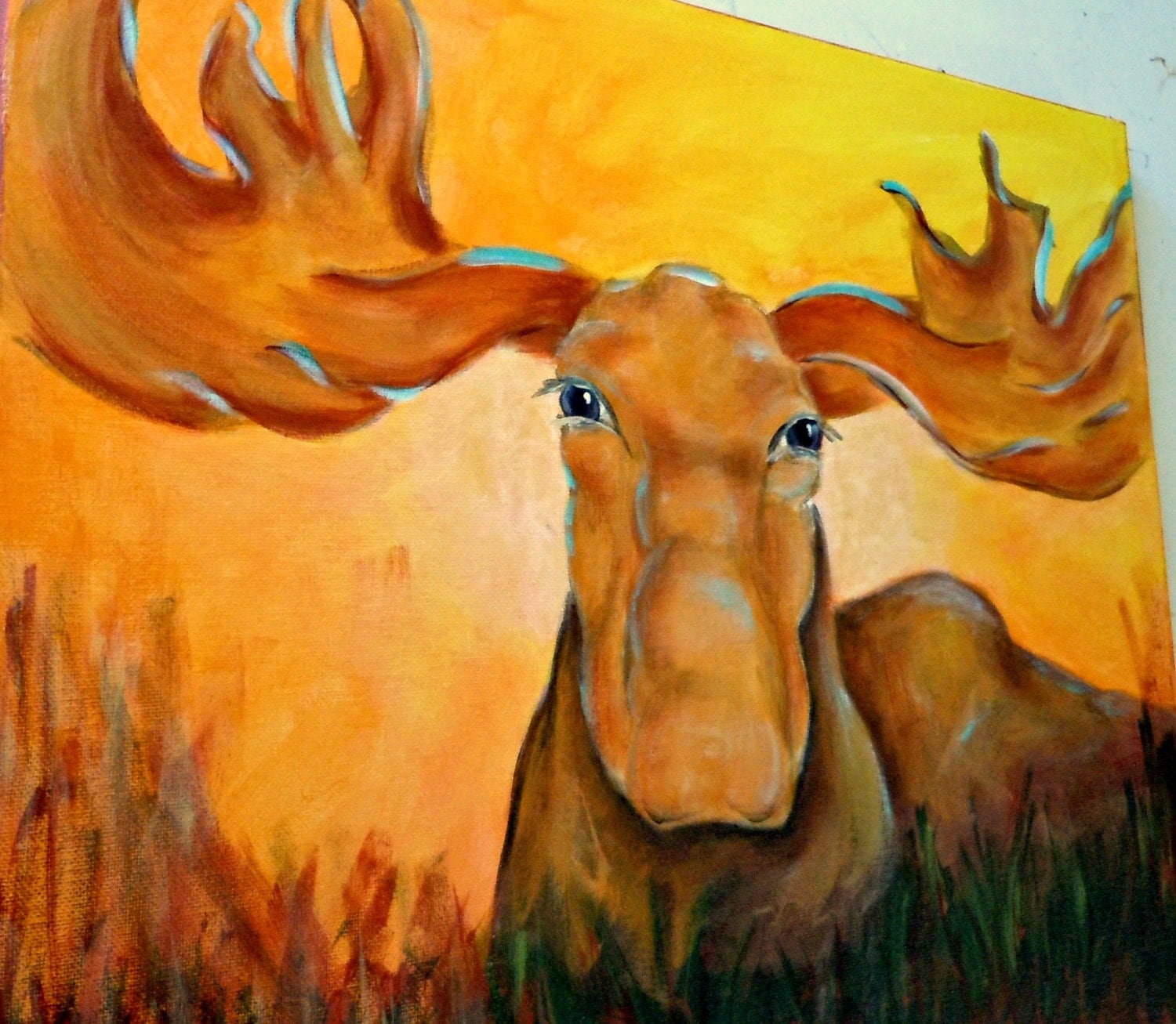Moose original painting moose antlers. cabin art rustic