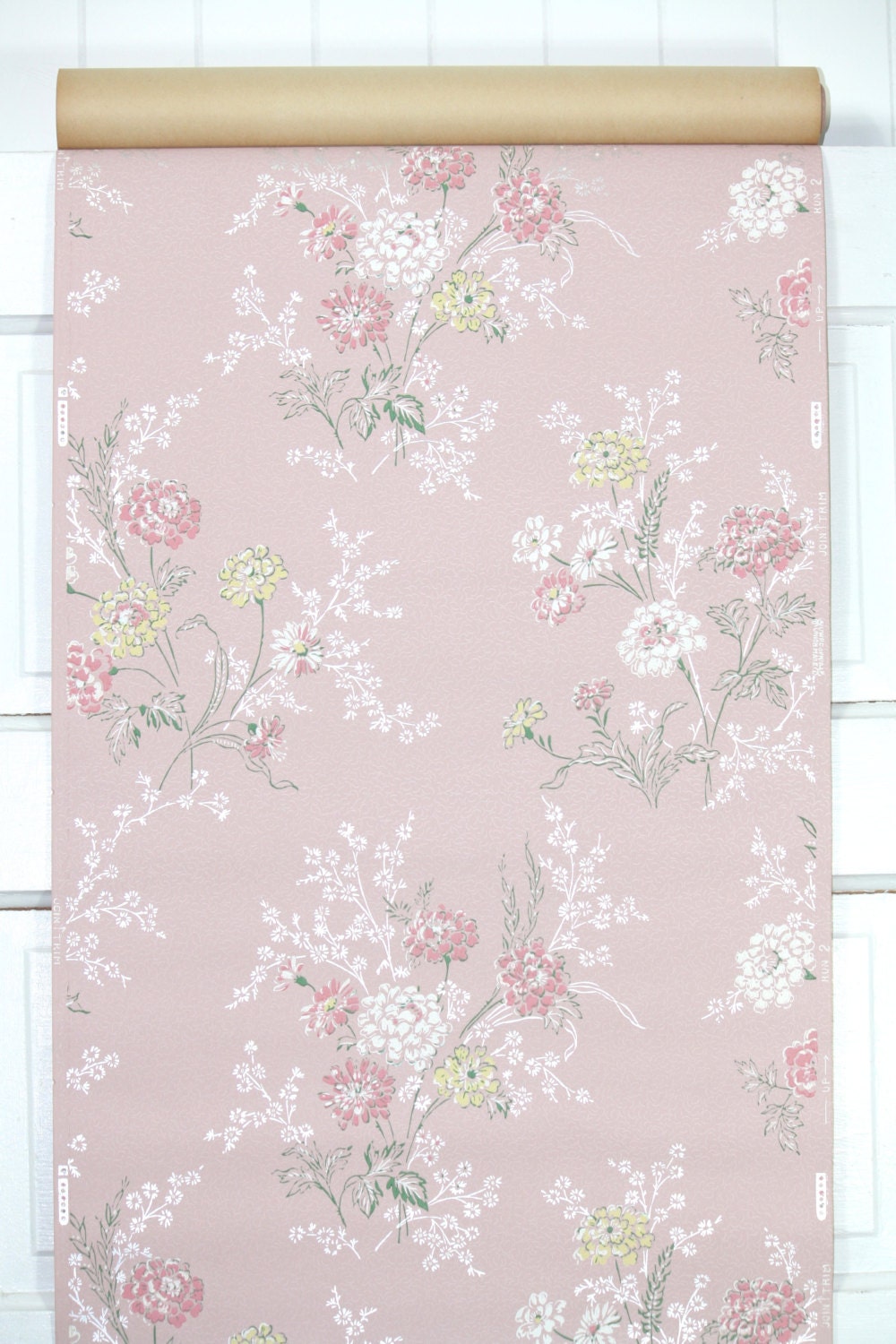 1950's Vintage Wallpaper Pink White Yellow by HannahsTreasures