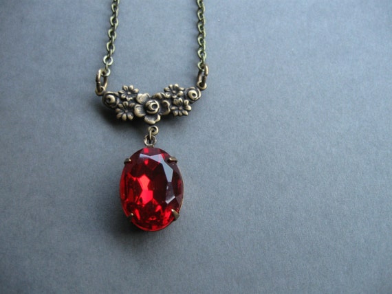 Items similar to Red jewel necklace, estate jewel, faceted glass, brass ...