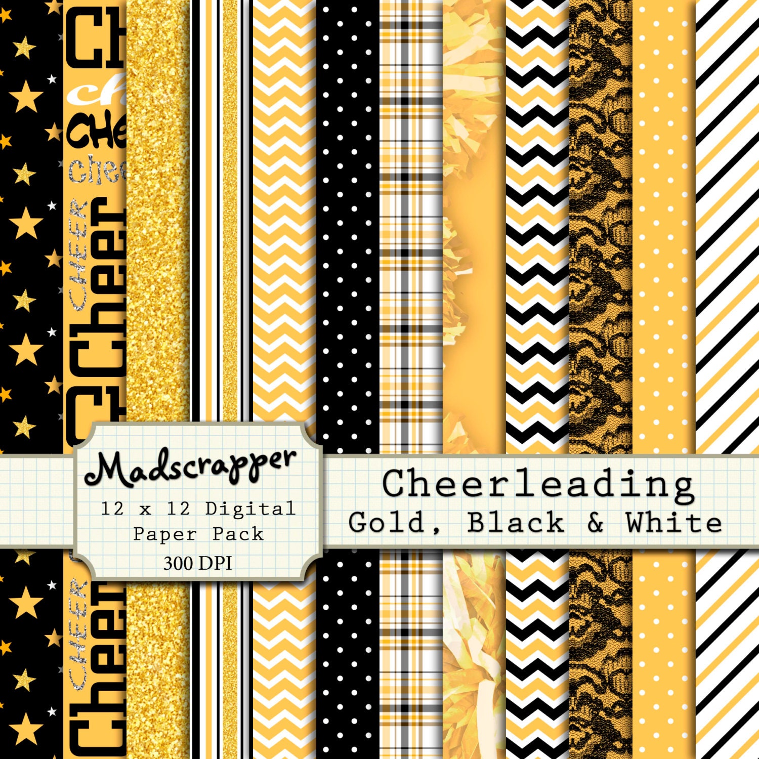 Digital Scrapbook Paper Cheerleading Gold Black and by madscrapper