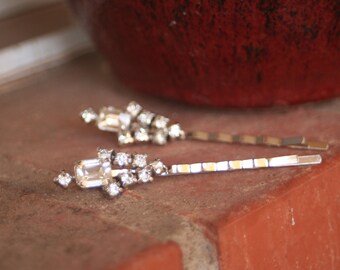 Vintage Diamond Rhinestone Upcycled Hair Pins Set of Two