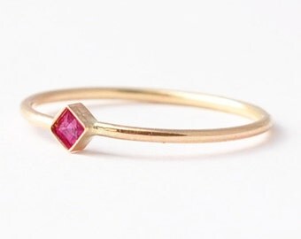 Ruby Engagement Rings 14K Gold Simple Princess Cut Solitaire Square Skinny Slim Delicate Dainty ...