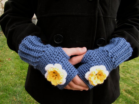 Girls Fingerless Gloves Mid Blue Size 7 10 Ready By Sweetmellyjane