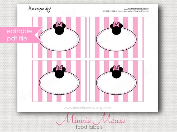 Minnie Mouse Birthday Party EDITABLE & PRINTABLE Food Labels