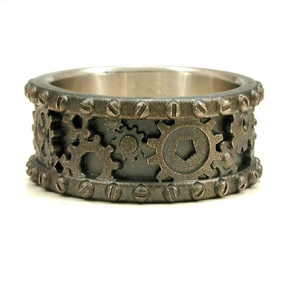 Sandblasted Gray Silver Gear Ring with by SwankMetalsmithing