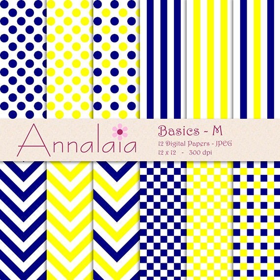 Digital Paper Pack Navy Blue Yellow White Dots Stripes Chevron