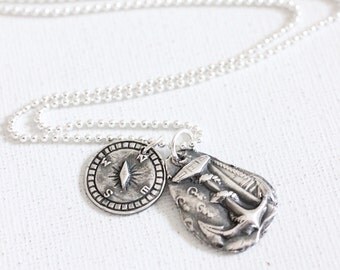 Nautical Jewelry Anchor and Compass Necklace Handcrafted Fine Silver ...