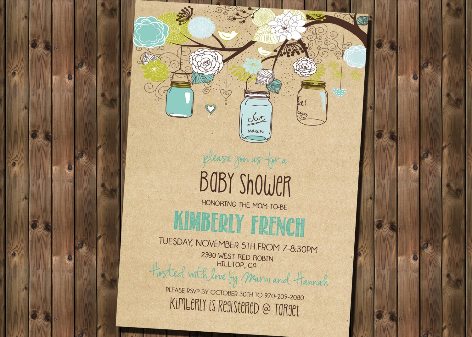 Rustic Baby Boy Shower Invitation with mason jars Digital