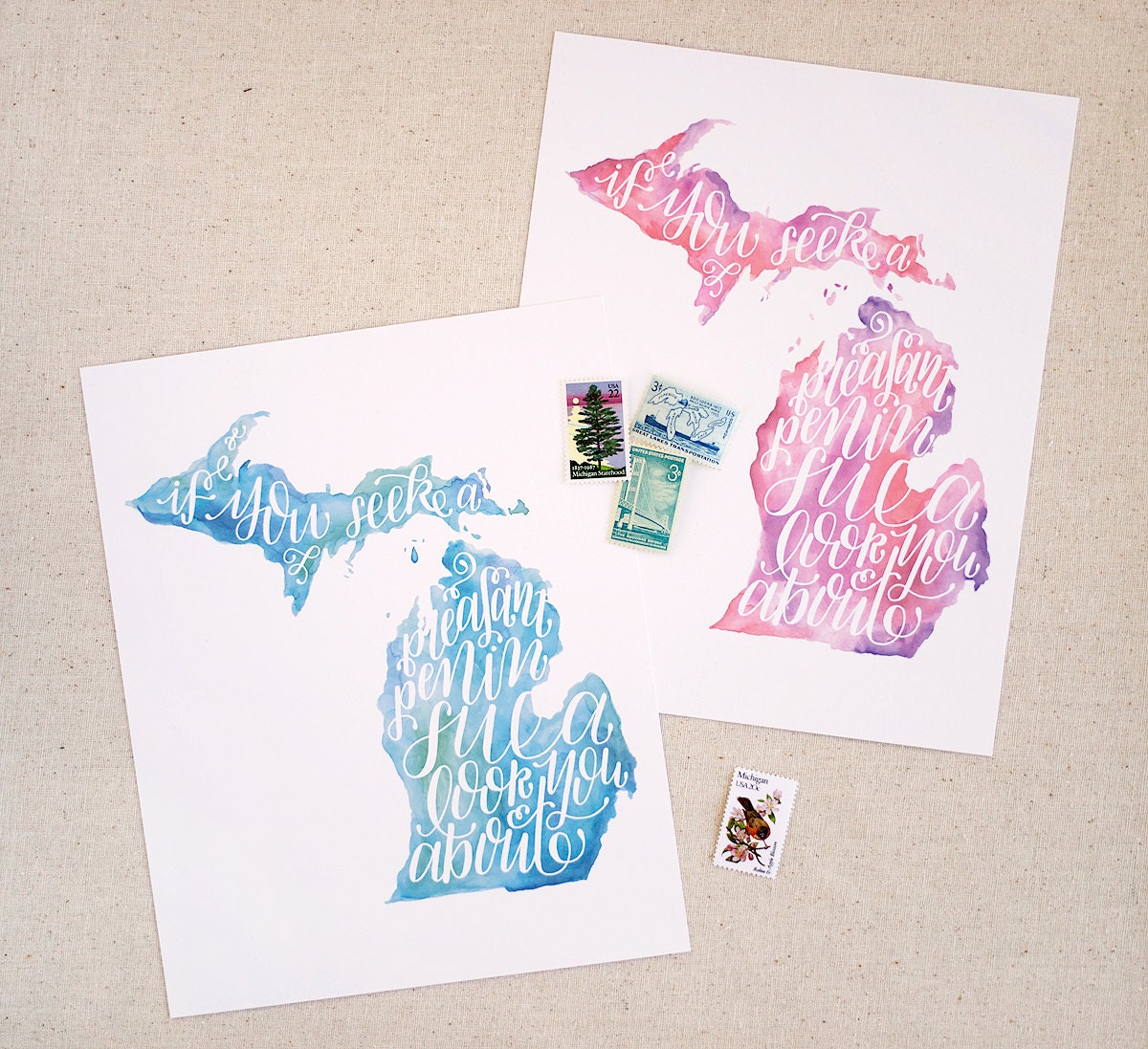 Hand lettered Michigan art print watercolor in blue green