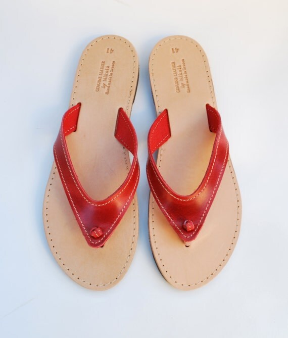 Red flip flop women's leather sandals summer shoes