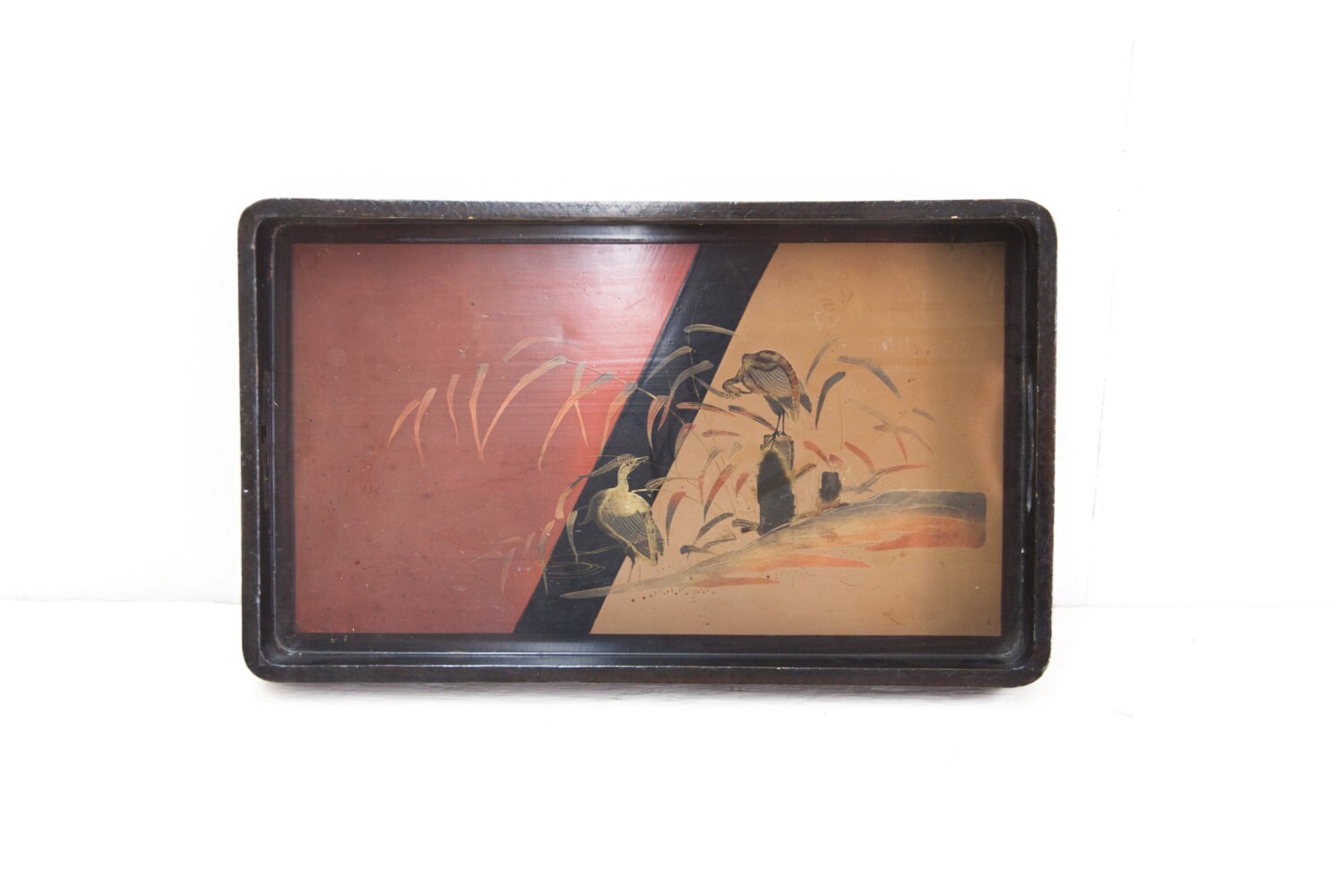 Japanese Lacquer Serving Tray with Two Crains in Landscape – Haute Juice