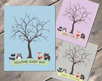 Thumbprint Guest Tree, Rustic Baby Shower Theme with Woodland Animals