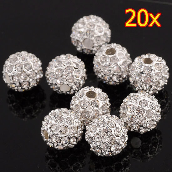 20Pcs of 10mm/12mm Silver Plated Beads Pave Clear Crystal