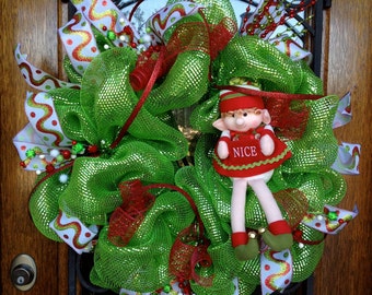 Green Deco Mesh Wreath, Elf Wreath, Christmas Wreath, Deco Mesh Wreath