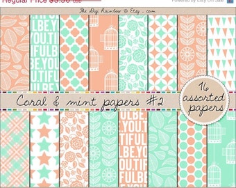 SALE Mint and coral digital papers pack pastel digital scrapbooking kit ...