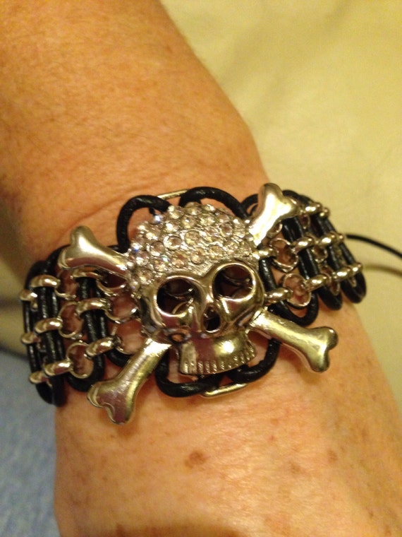 Items similar to Big skull Bling! Metal silver bracelet with Rhinestone ...