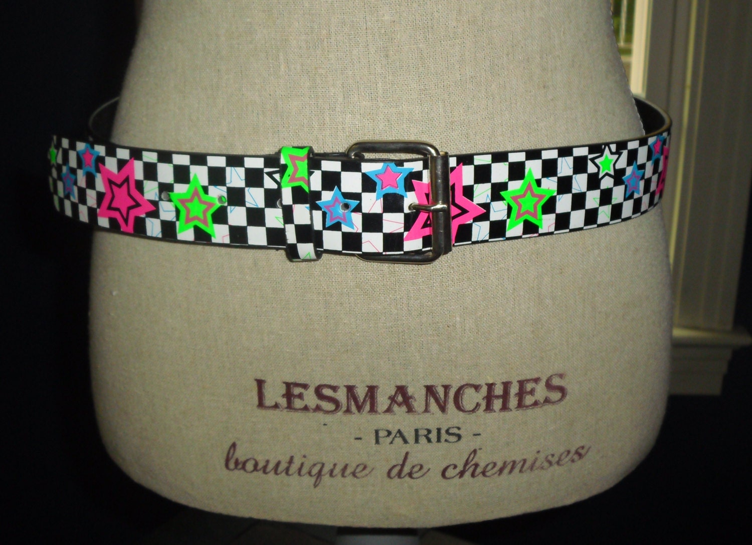 Faux Leather Checkered Black and White Belt with Neon Pink Blue and ...
