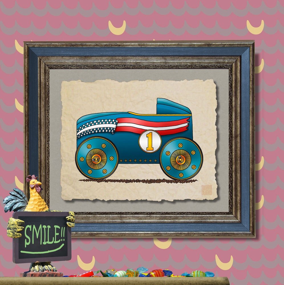 Kid car art Cute soap box derby car Whimsical by TwoBananasArt