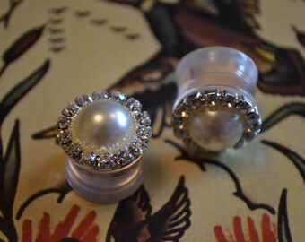 Beautiful vintage inspired faux pearl and crystal bridal ear gauges