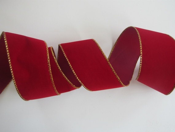 Red Velvet Ribbon Wired 2 1/2 inch wide Gold Edges