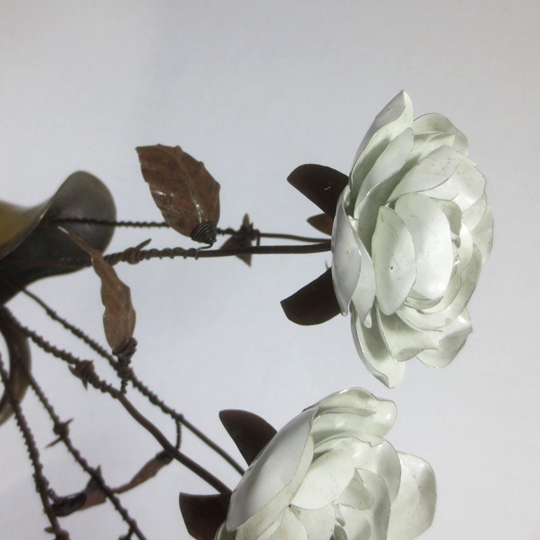 A Single Rustic White Immortal Wild Rose With Barbed Wire Stem