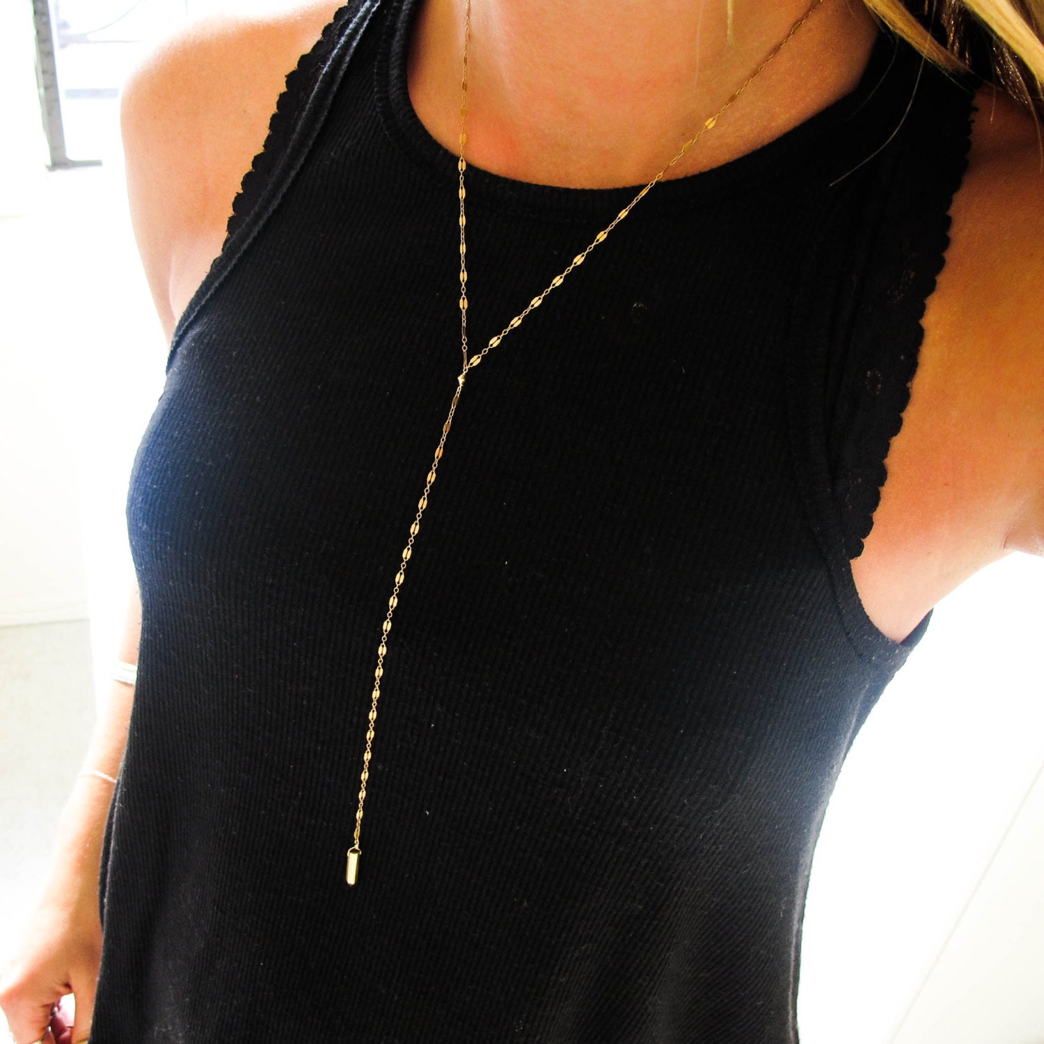 Gold Y Necklace / 14k Gold Filled Chain with Handmade Brass
