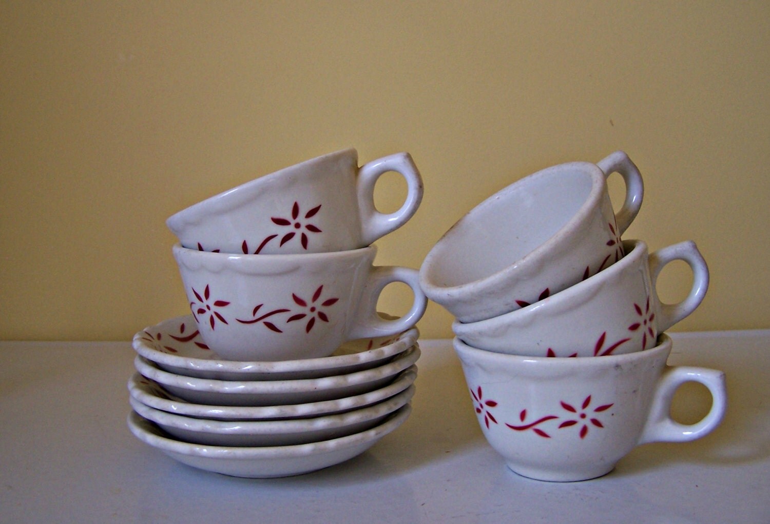 Vintage Sterling China Cups and Saucers Restaurant Ware Red Flowers ...