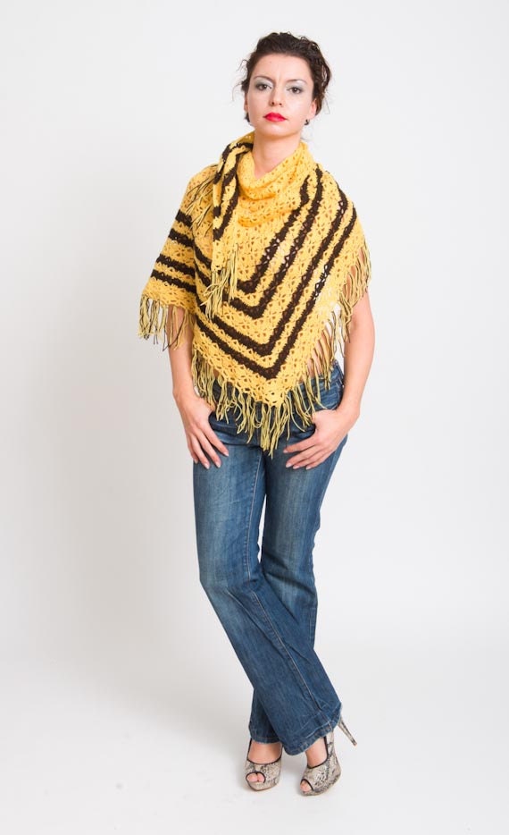1980’s Yellow Striped Scarf – Vintage 70s Brown Knit Hippie Crochet ...