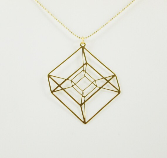 Hypercube- Gold Geometrical necklace- Tesseract- math jewelry - 24 ...