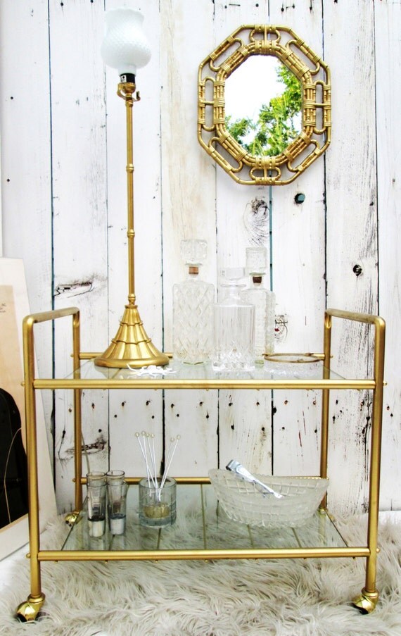 Mad Men BAR CART Vintage Mid Century Modern Gold Metal & Glass