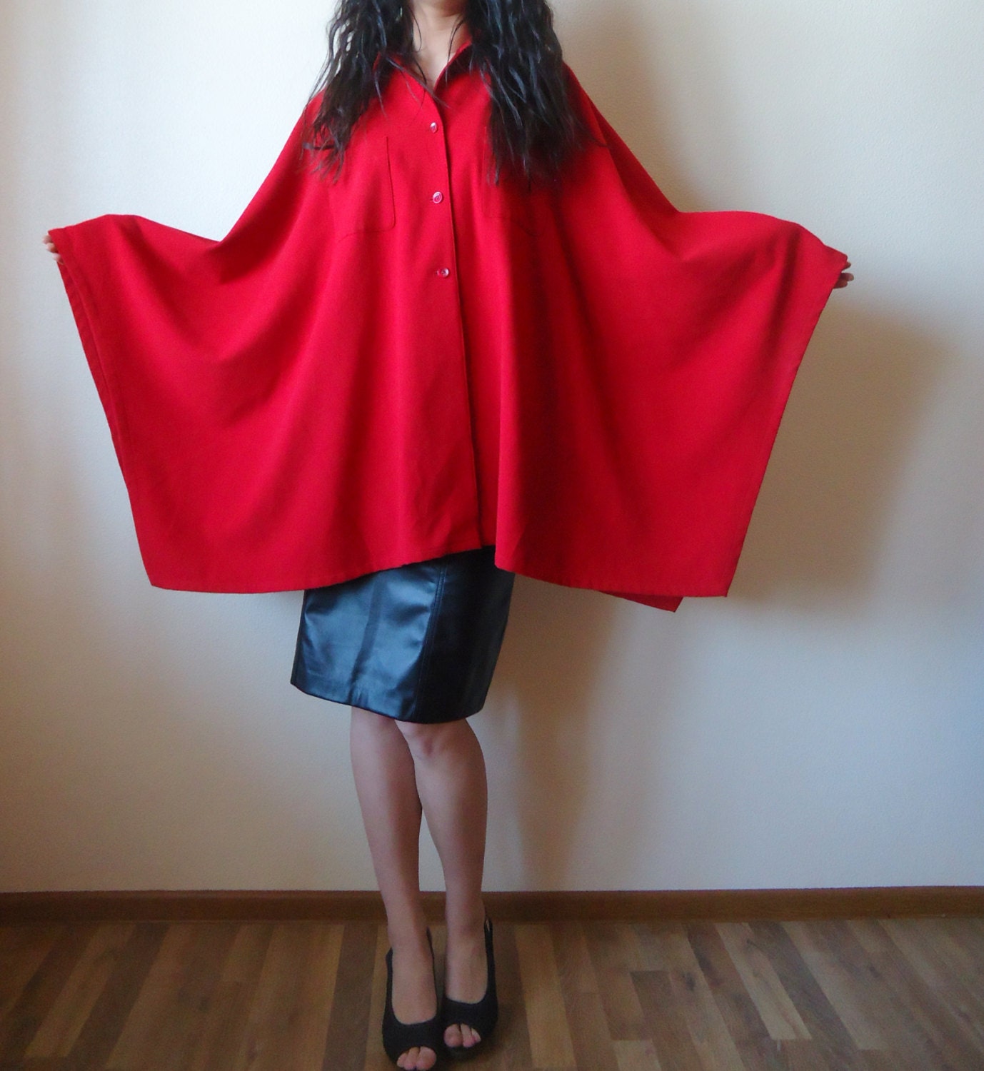 Vintage Red Cape Coat Poncho Outerwear Warm Wrap Capelet Winter Jacket ...