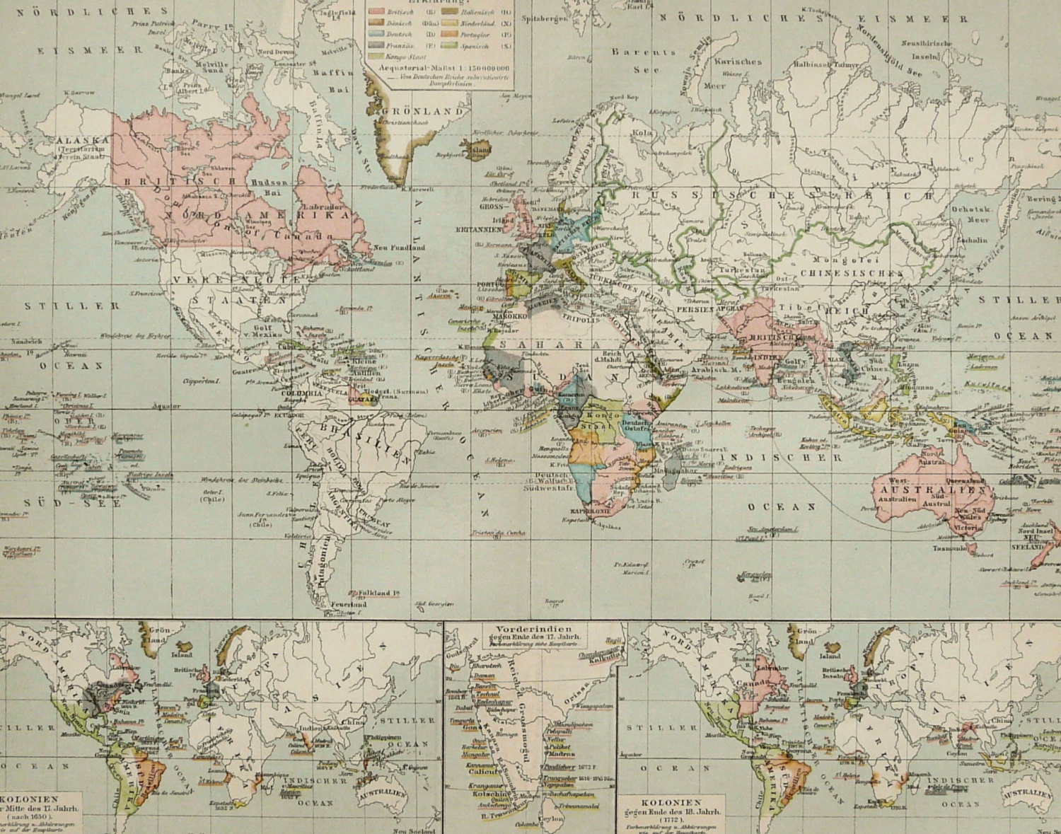 1895 Antique world map of 19th century COLONIES. Colonies from