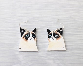 GRUMPY CAT earrings, Cat jewelry, Hand illustrated, Silver earring ...