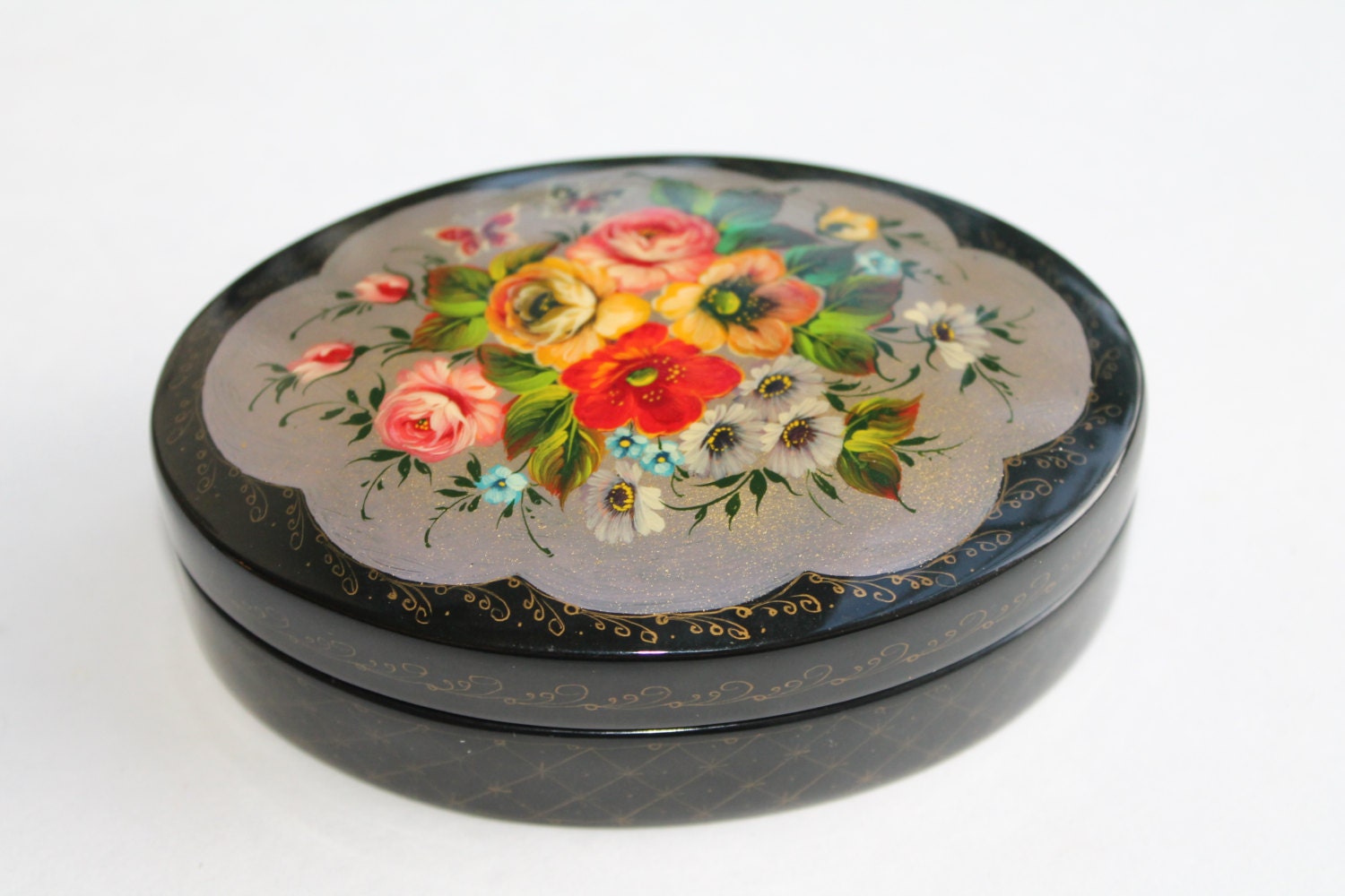 Black Lacquer Oval Trinket Jewelry Box Flowers and Butterflies – Haute ...