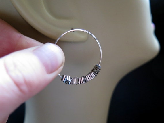 Sterling Silver Hoop Earrings Hematite Jewelry Geometric