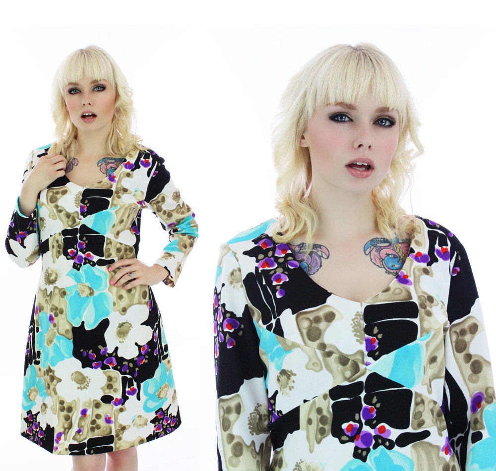 Mod Babydoll Dress 60s Mini Psychedelic Floral Abstract Empire Waist ...