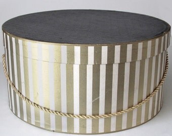 Vintage Gold and White Striped Hat Box with Navy Lid