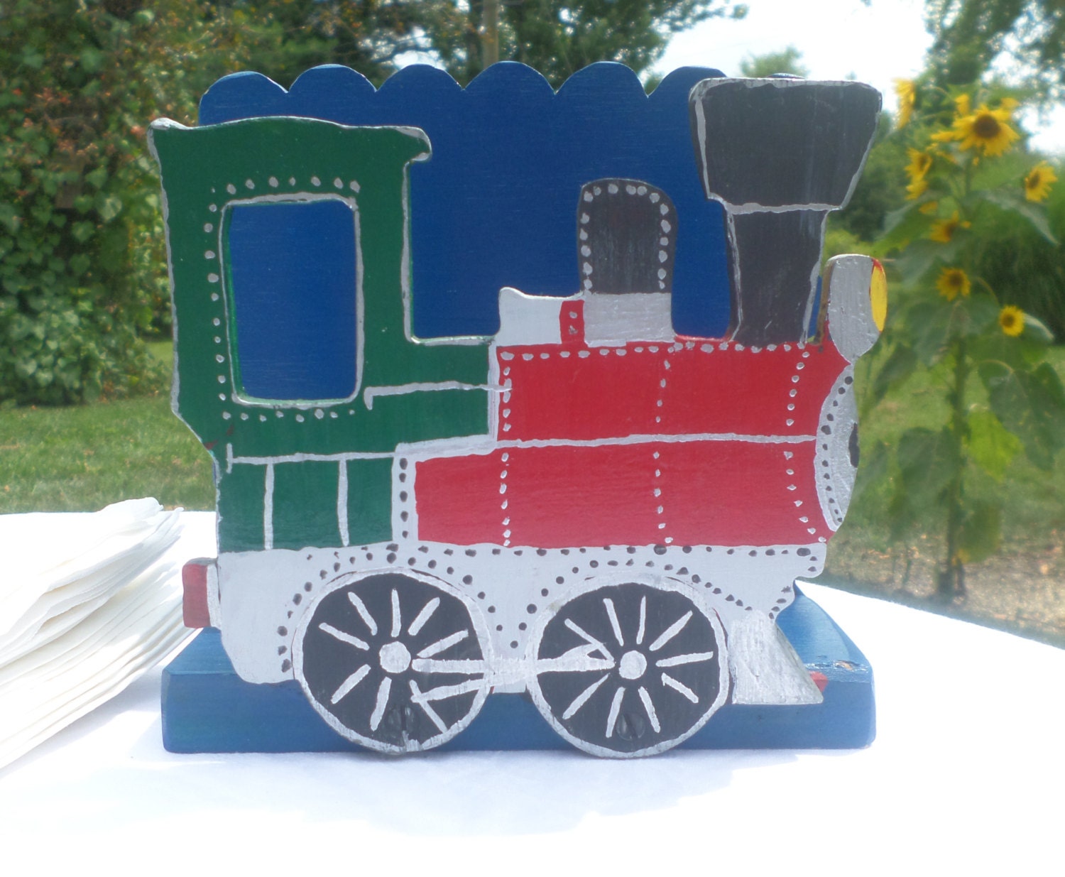 Folk Art Train Engine Napkin or Letter Holder, Hand Painted Wood ...